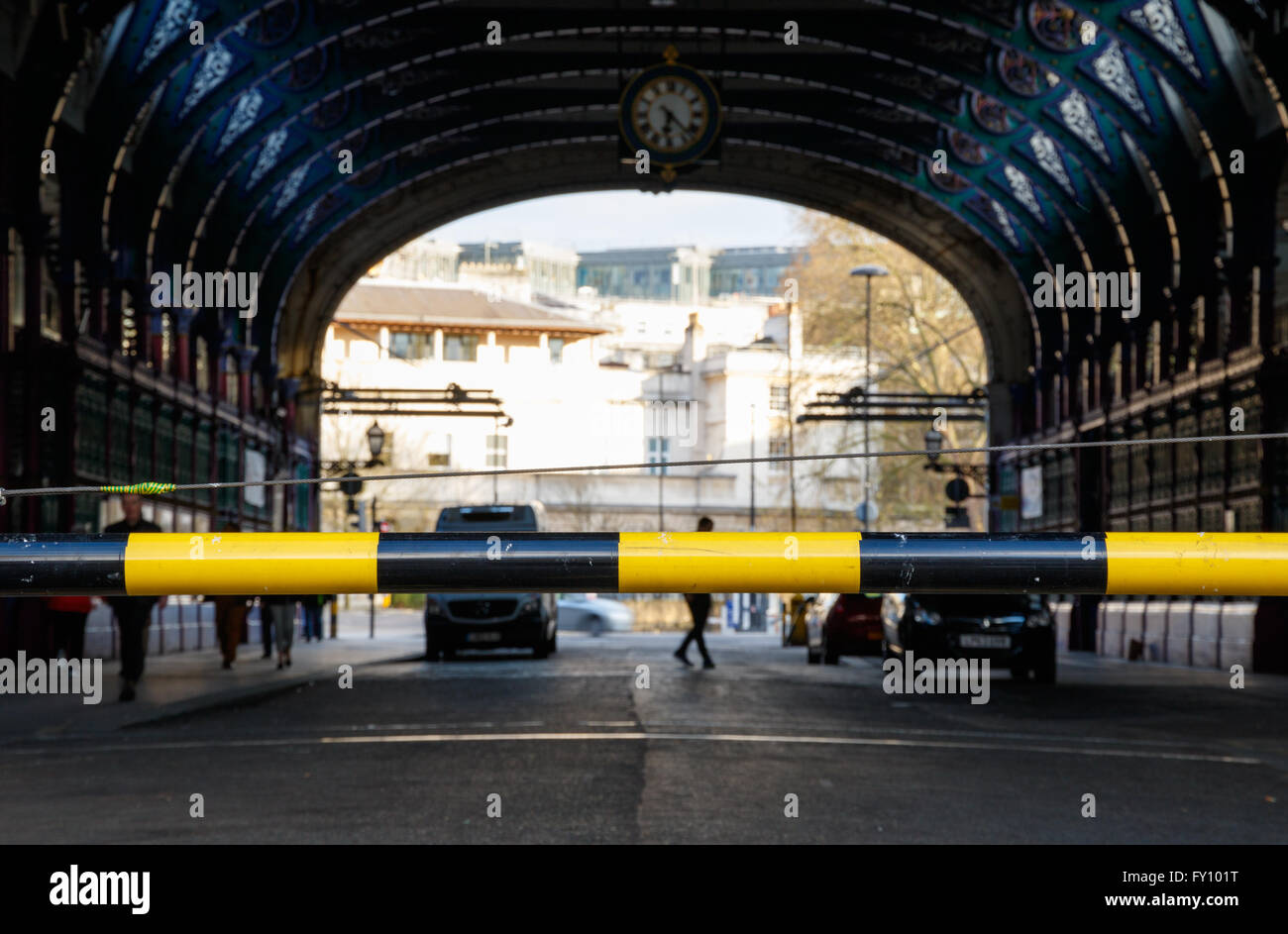 Closeup of black and yellow boom barrier with background of Smithfield ...