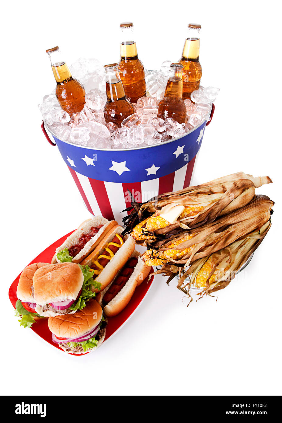 Series with lots of summertime food - beer on ice, grilled corn, hot ...