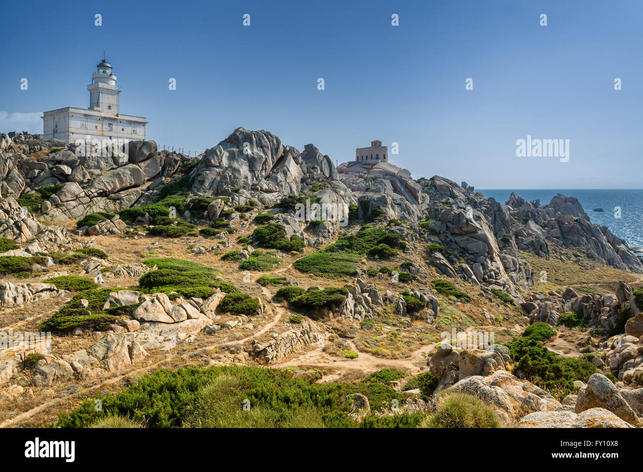 Capo Testa with withe lighthouse and sea in background. Sardinia, Italy ...