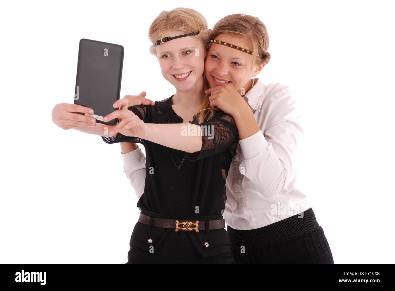 Girls remove Self tablet pc isolated on white Stock Photo - Alamy