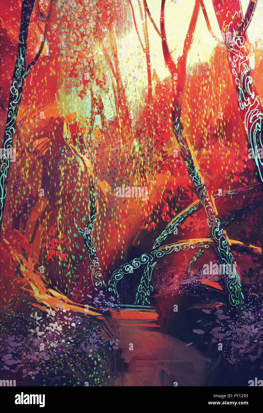 colorful autumnal forest with fantasy trees,illustration scenery Stock ...