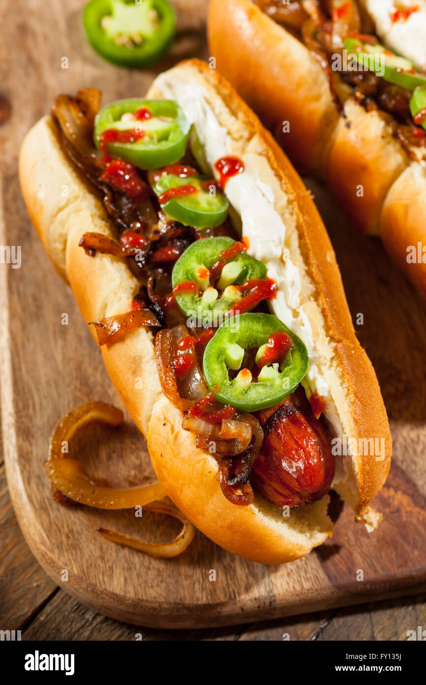 Homemade Seattle Style Hot Dog with Cream Cheese and Onions Stock Photo ...