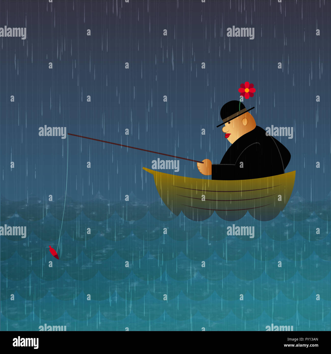 Romantic fisherman in a black suit in the boat catches fish. It's ...
