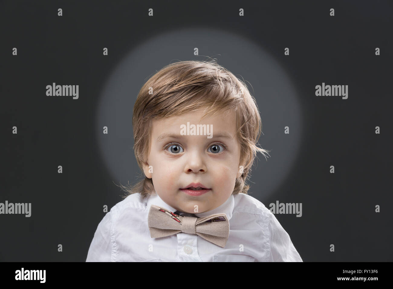 Portrait of cute boy with bowtie against gray background Stock Photo ...