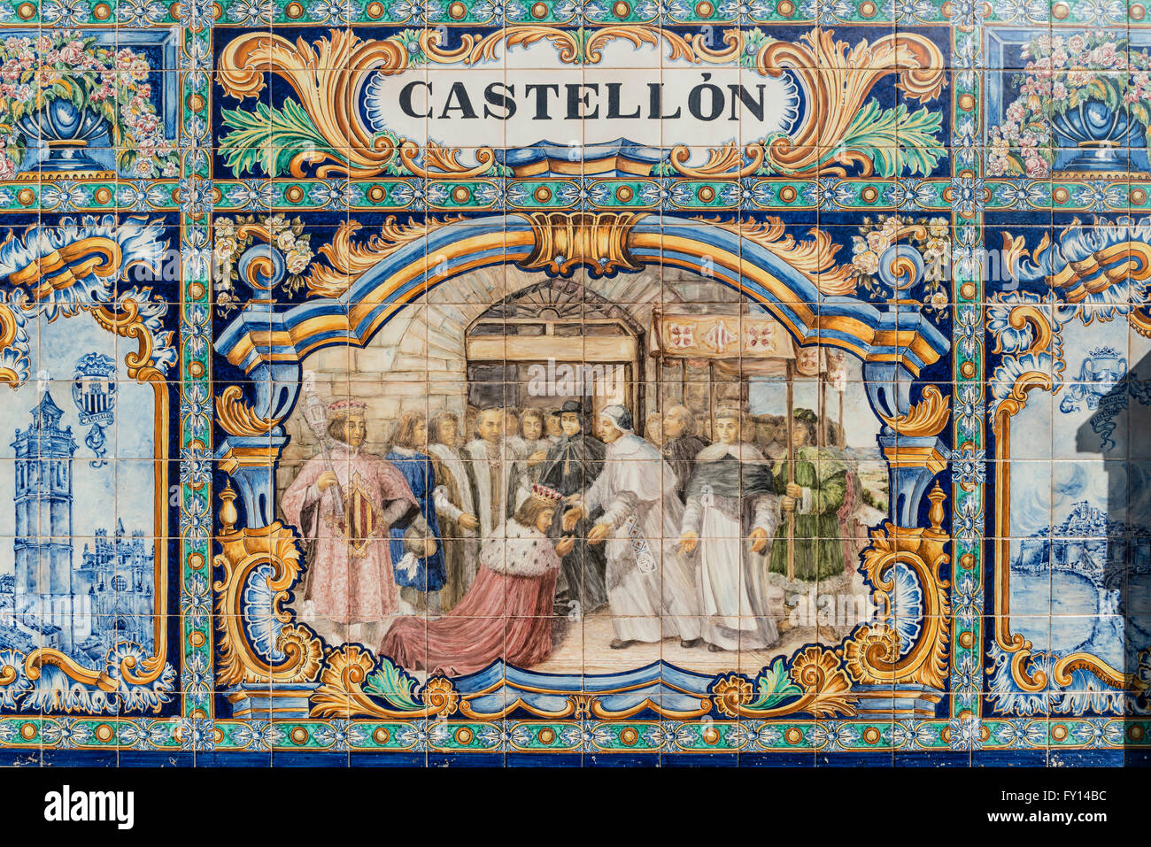 Antique ceramic, wall tiles representing provinces and cities of Spain ...