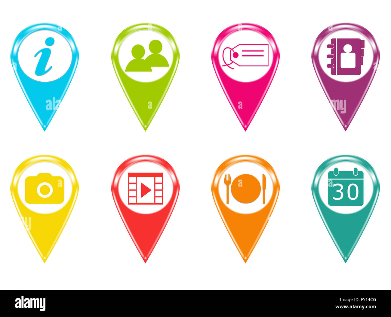 Set of icons or colored markers for maps with symbols Stock Photo - Alamy