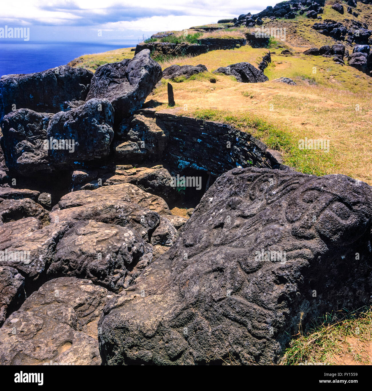 Petroglyphs. Bird Man Cave. Orongo Crater. Easter Island Stock Photo ...
