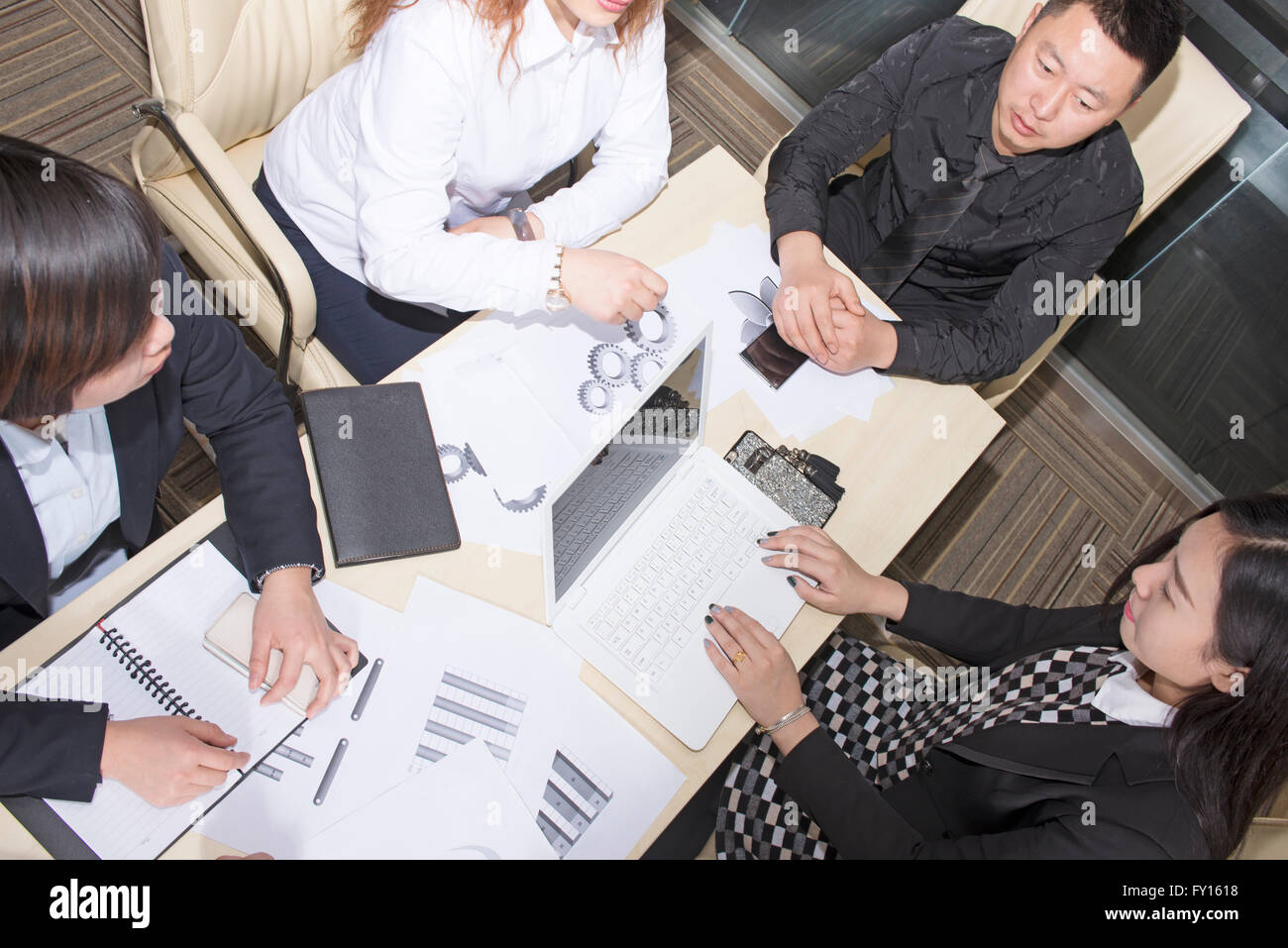 Image of business people working at meeting.top view Stock Photo - Alamy