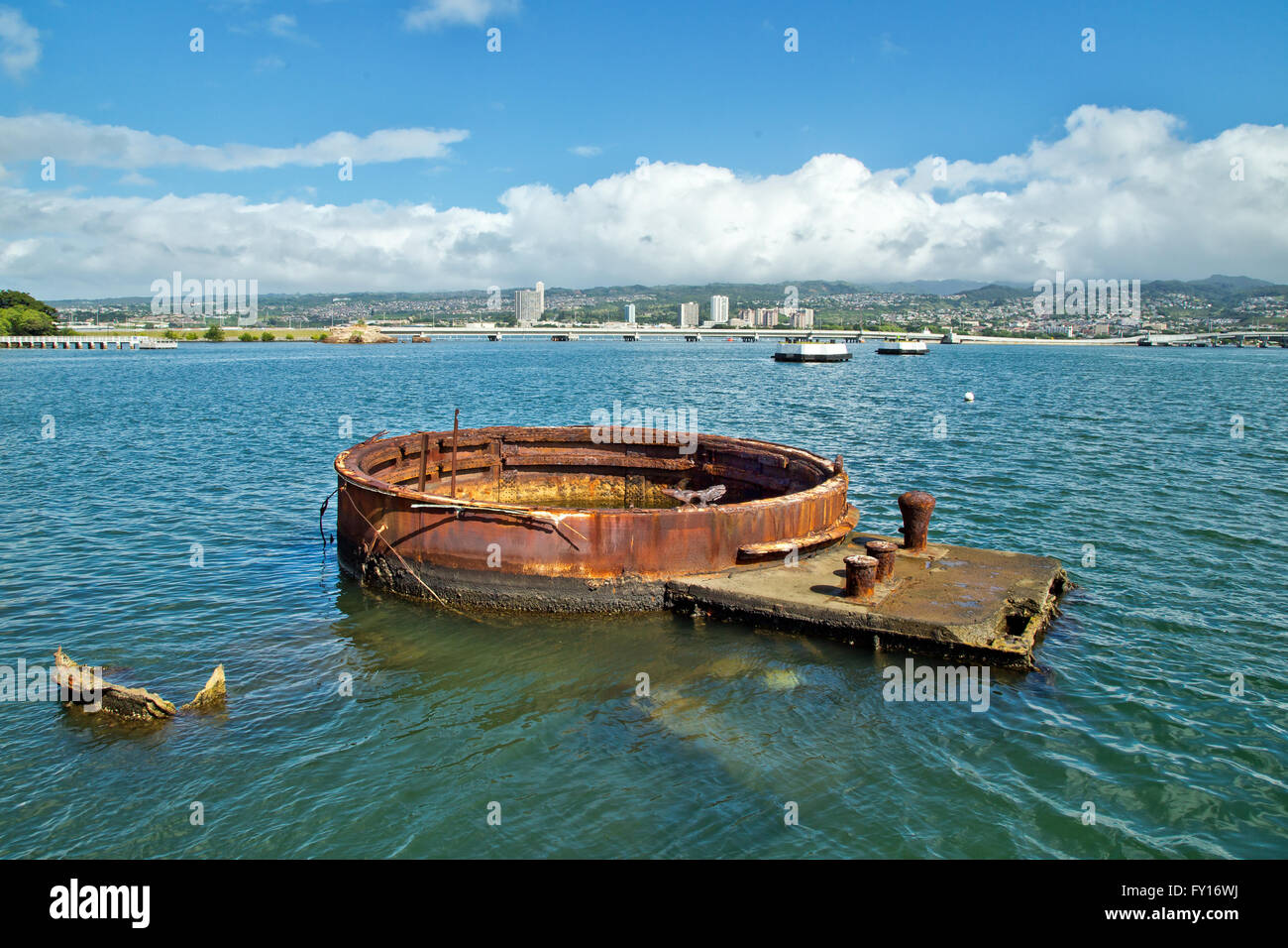 The remains of a gun turret on the battleship USS Arizona, which sank ...
