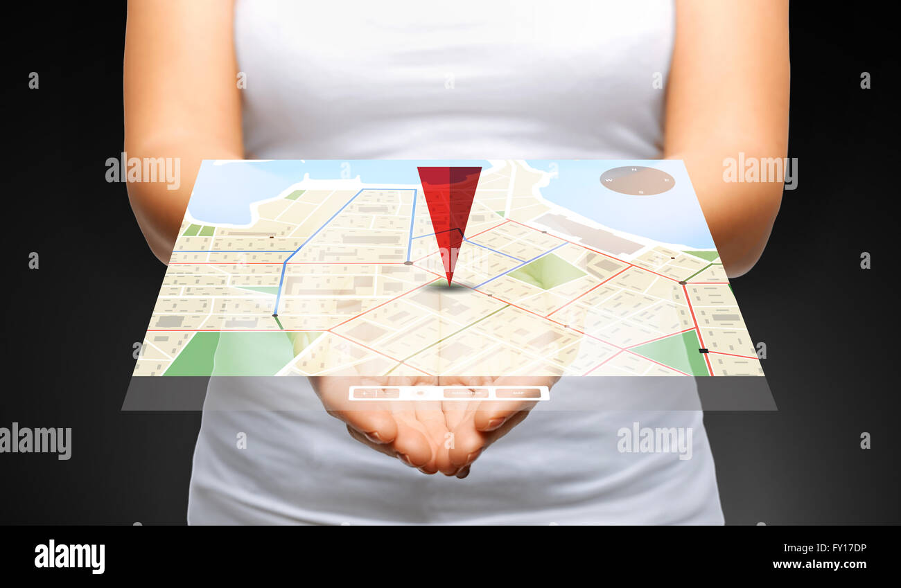 close up of womans hands showing gps navigator map Stock Photo - Alamy