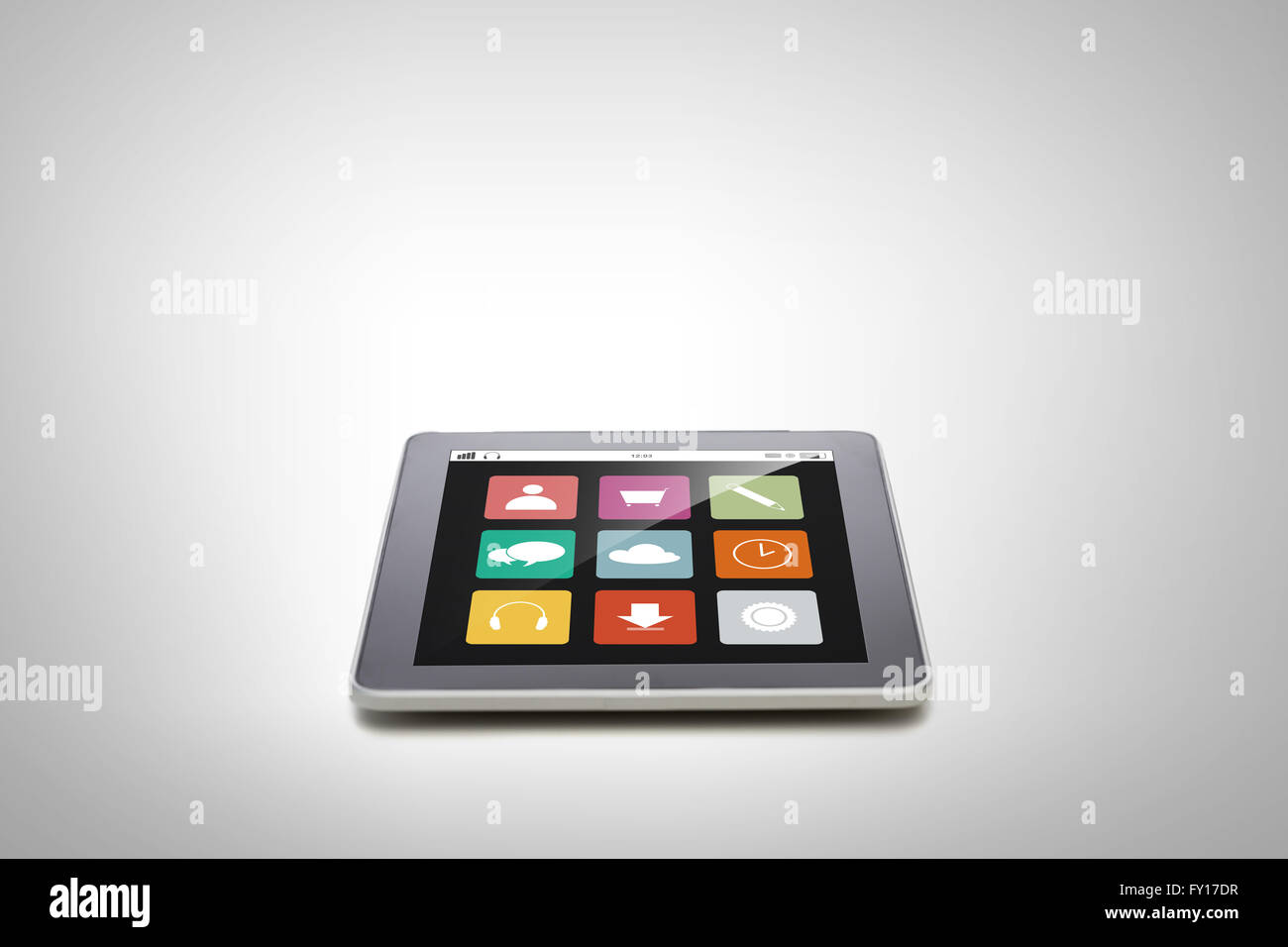 black tablet pc computer with menu icons on screen Stock Photo - Alamy