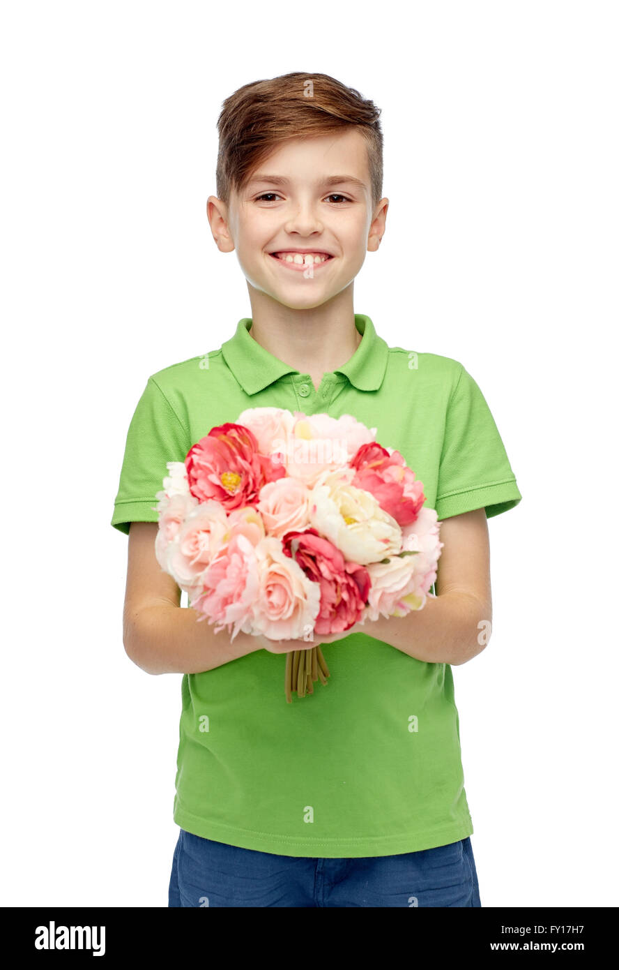 happy boy holding flower bunch Stock Photo - Alamy