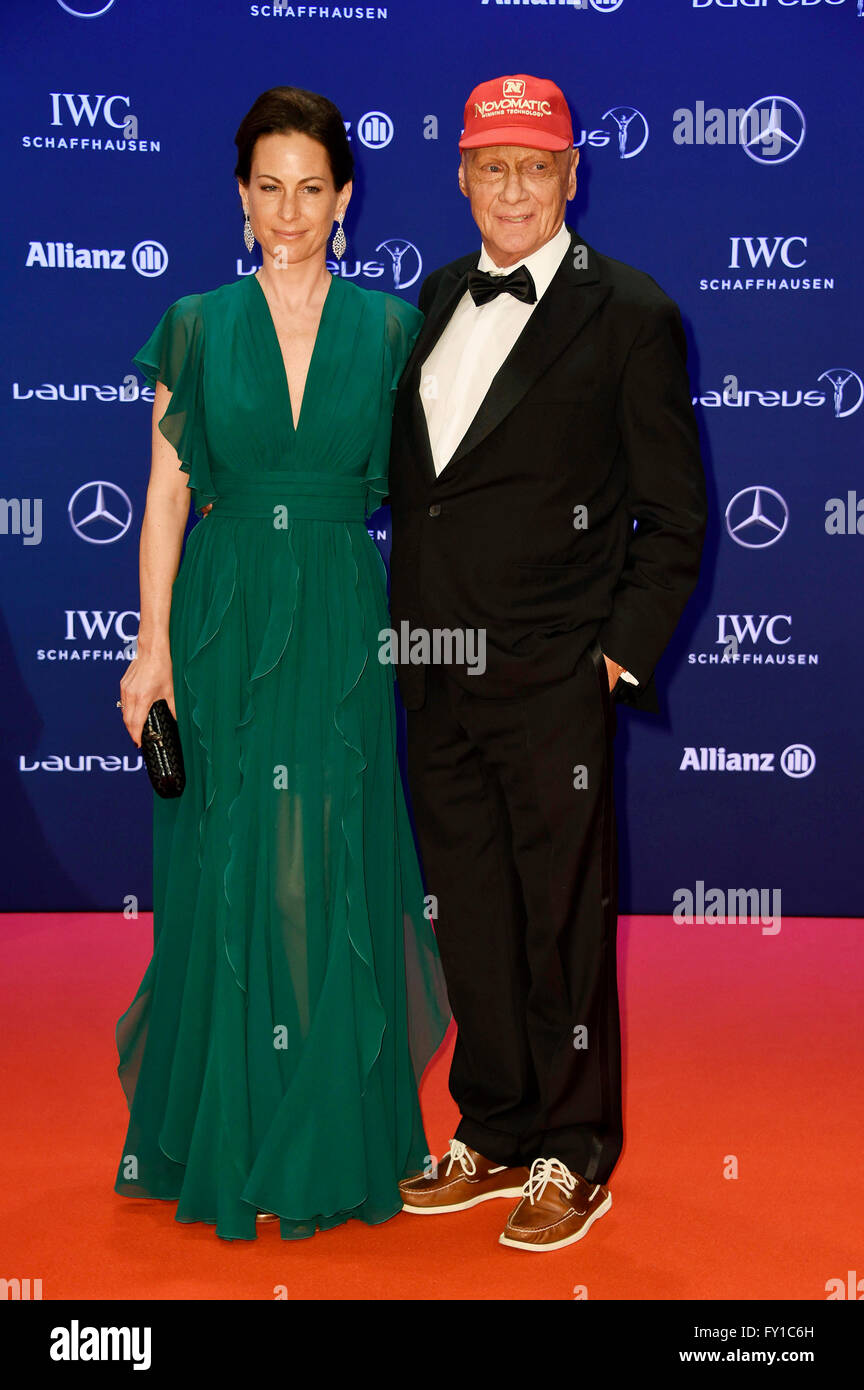 Berlin, Germany. 18th Apr, 2016. Niki Lauda and wife Birgit Wetzinger ...