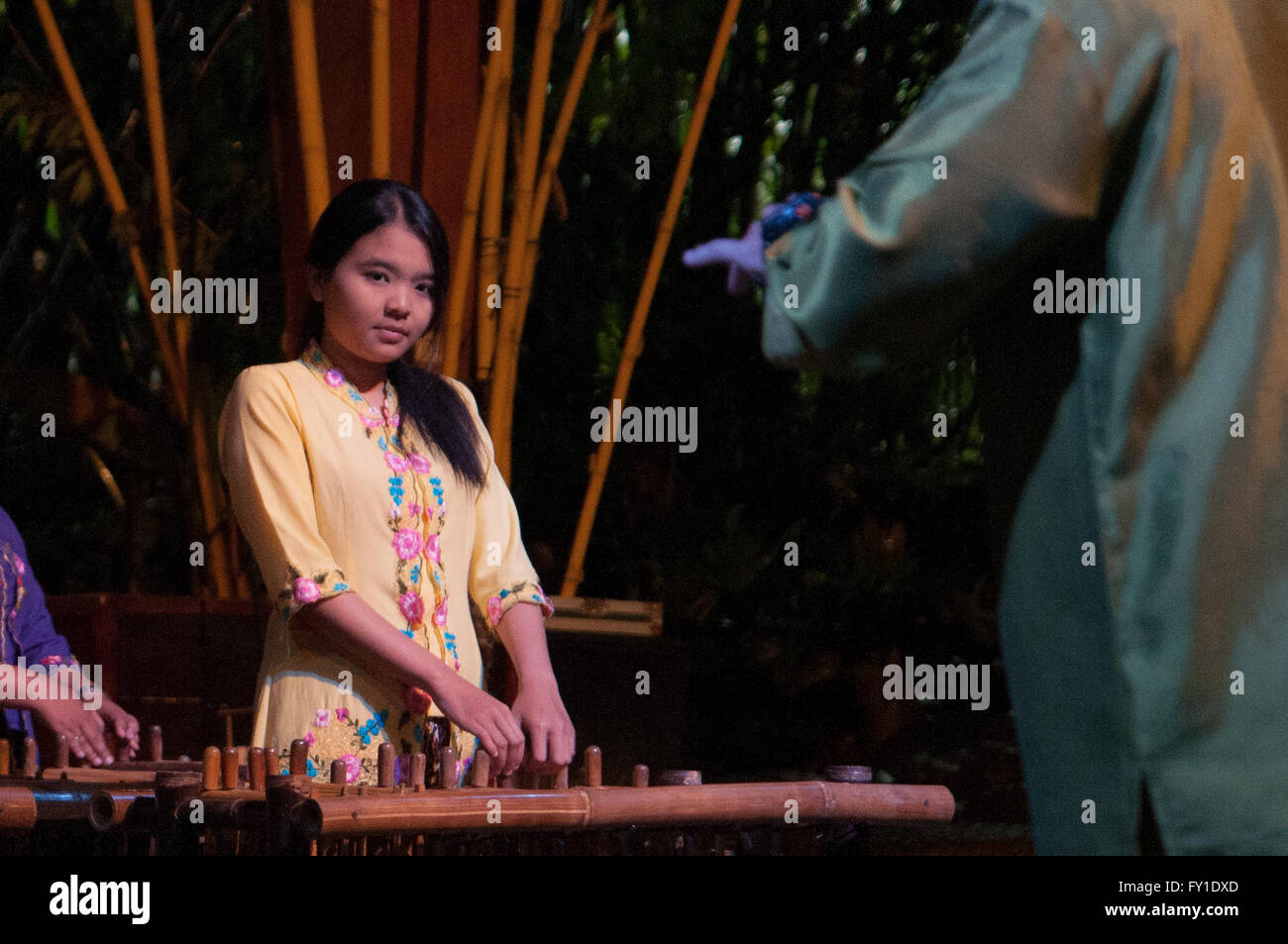 Angklung performers in Saung Udjo. This Sundanese traditional bamboo ...