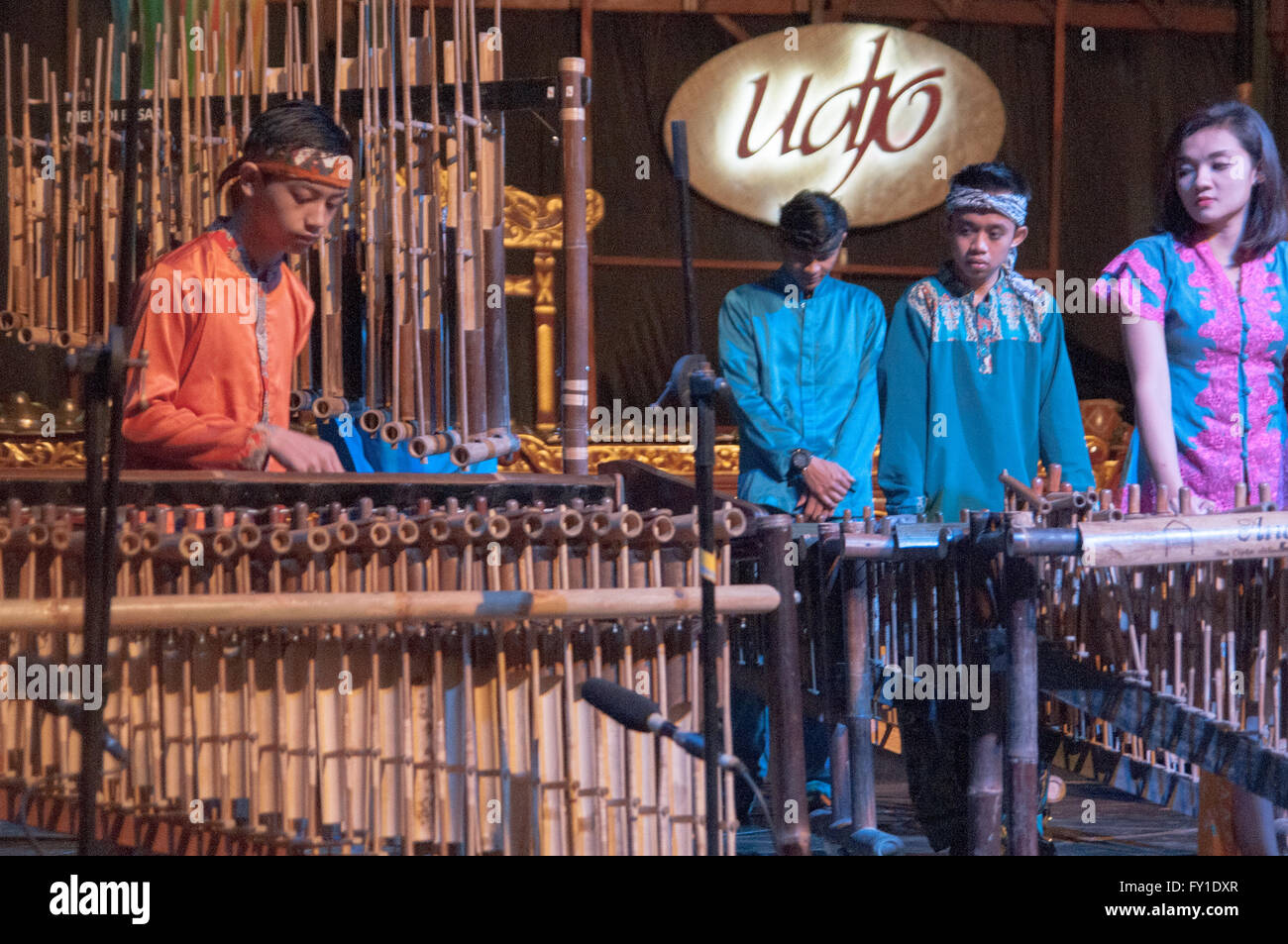 Angklung performers in Saung Udjo. This Sundanese traditional bamboo ...