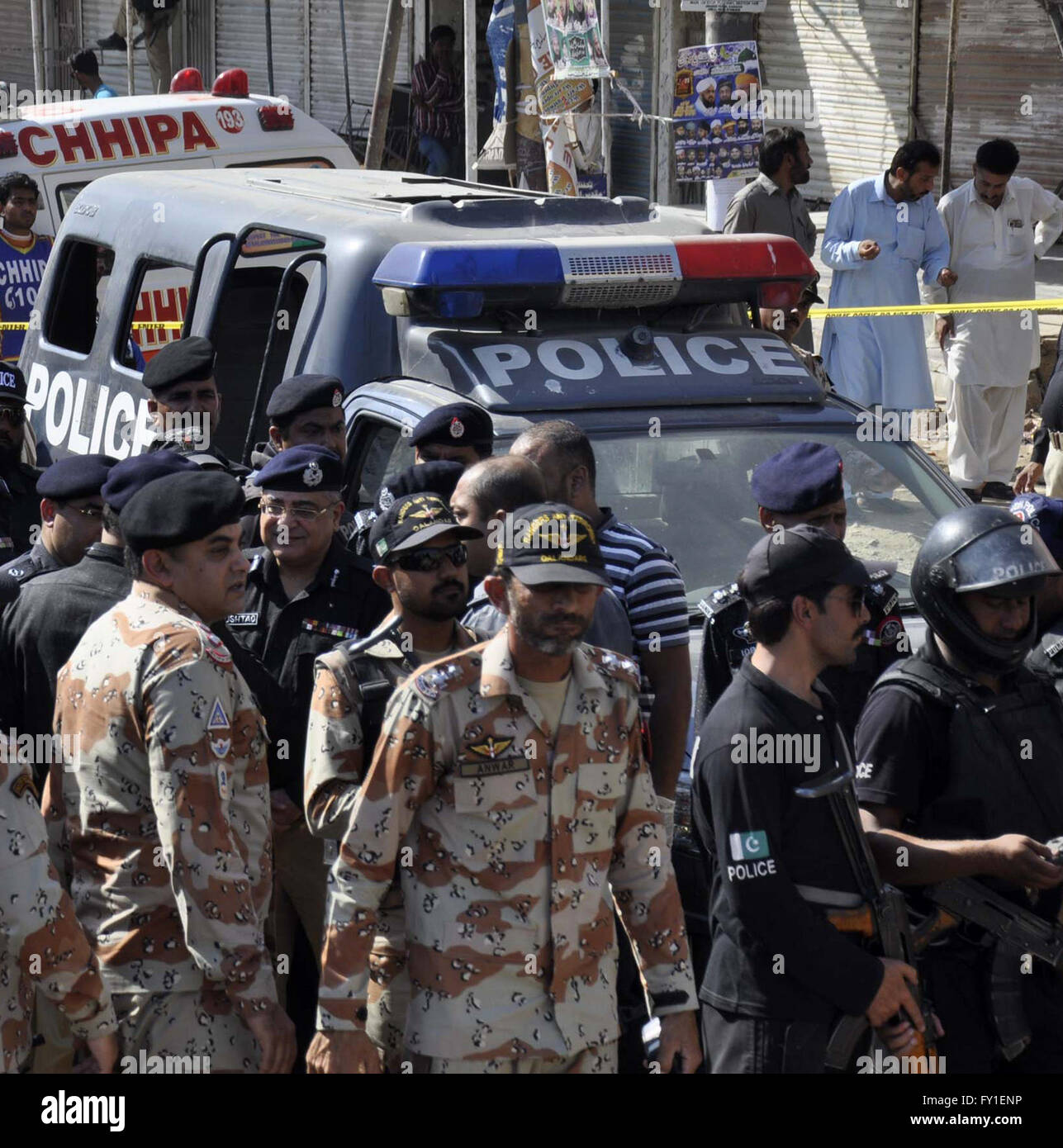 Karachi. 20th Apr, 2016. Pakistani paramilitary soldiers gather around ...