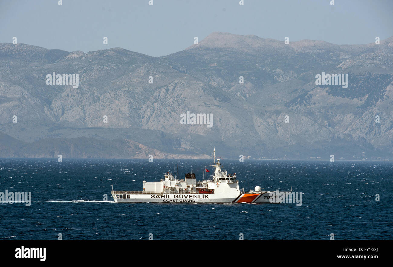 A Turkish coast guard ship patrols on the Aegean Sea, off the Turkish ...