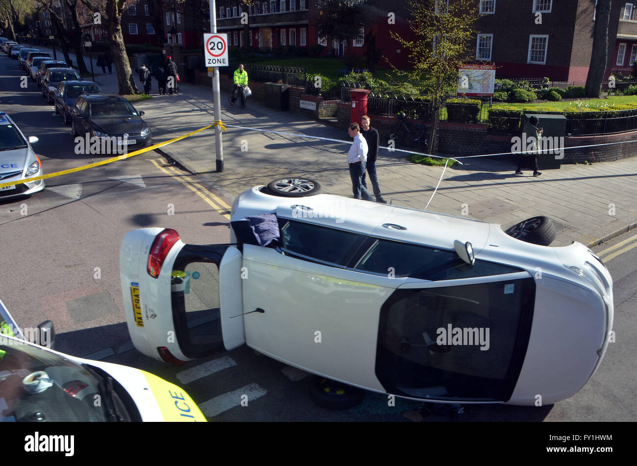 London, UK, 20 April 2016, Overturned car corner of Albion Ave and ...