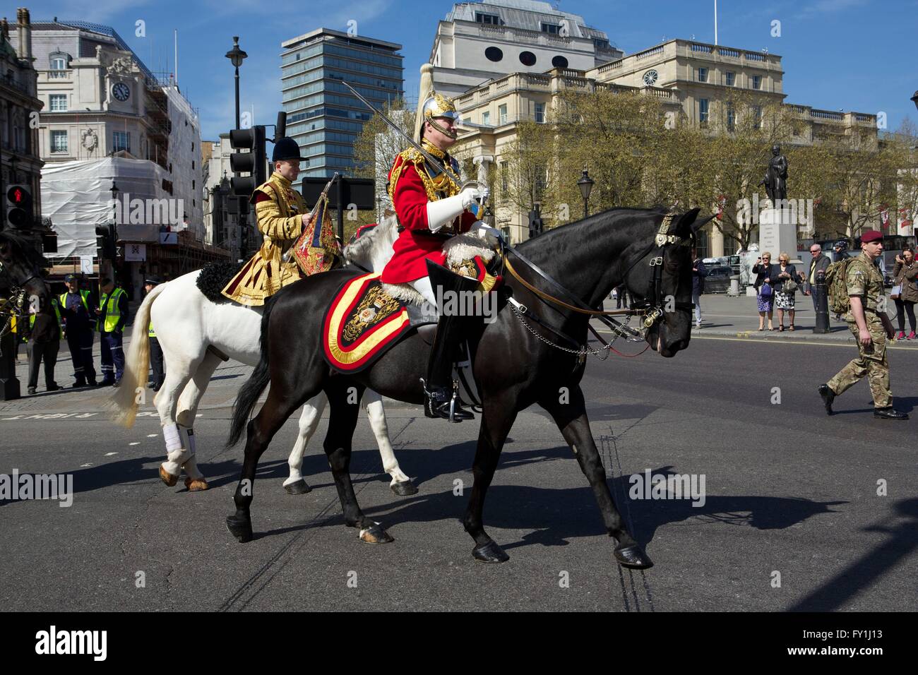 London, United Kingdom. 20 April 2016. The Household Cavalry pass ...
