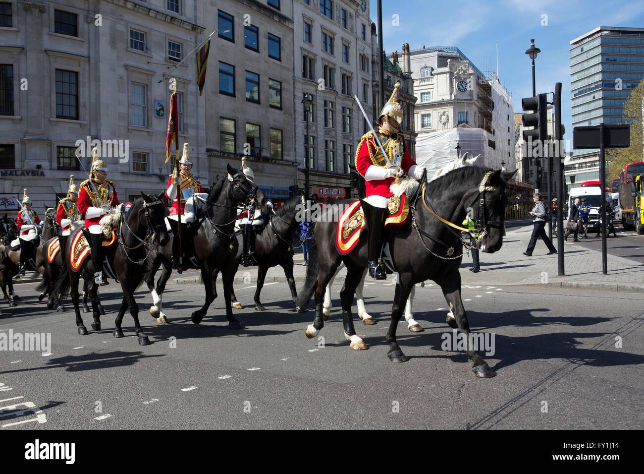 London, United Kingdom. 20 April 2016. The Household Cavalry pass ...