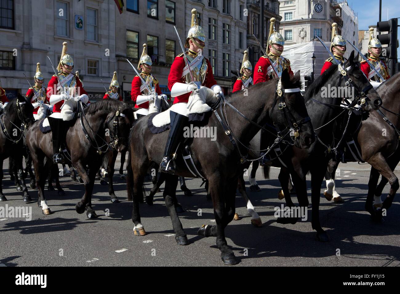 London, United Kingdom. 20 April 2016. The Household Cavalry pass ...