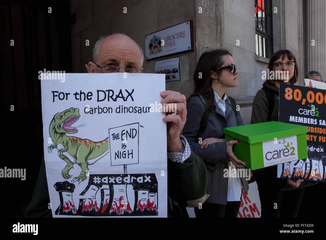 London, UK. 20 April, 2016. A campaigner against the Drax coal and ...