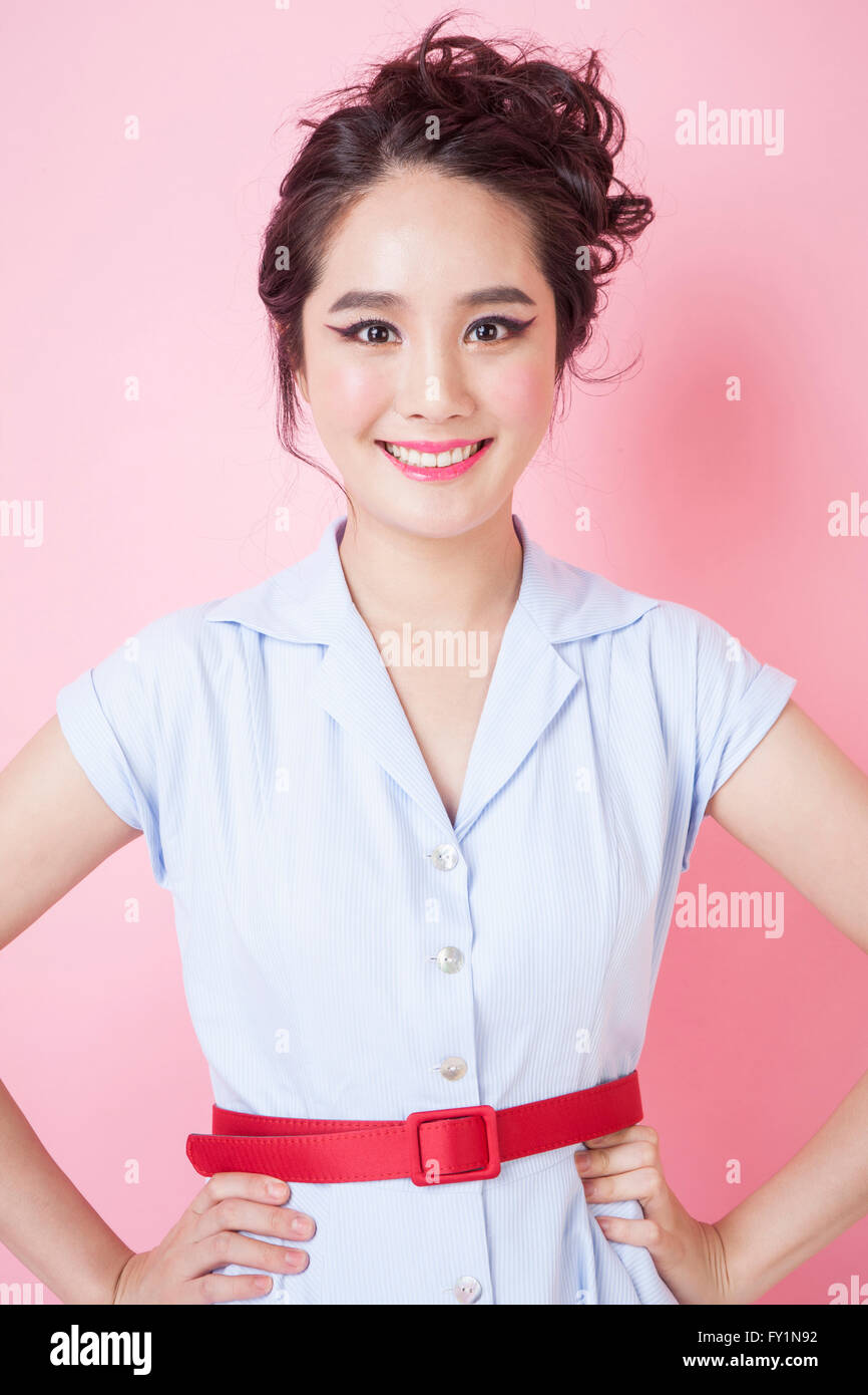 Portrait of young woman in retro style posing staring at front Stock ...