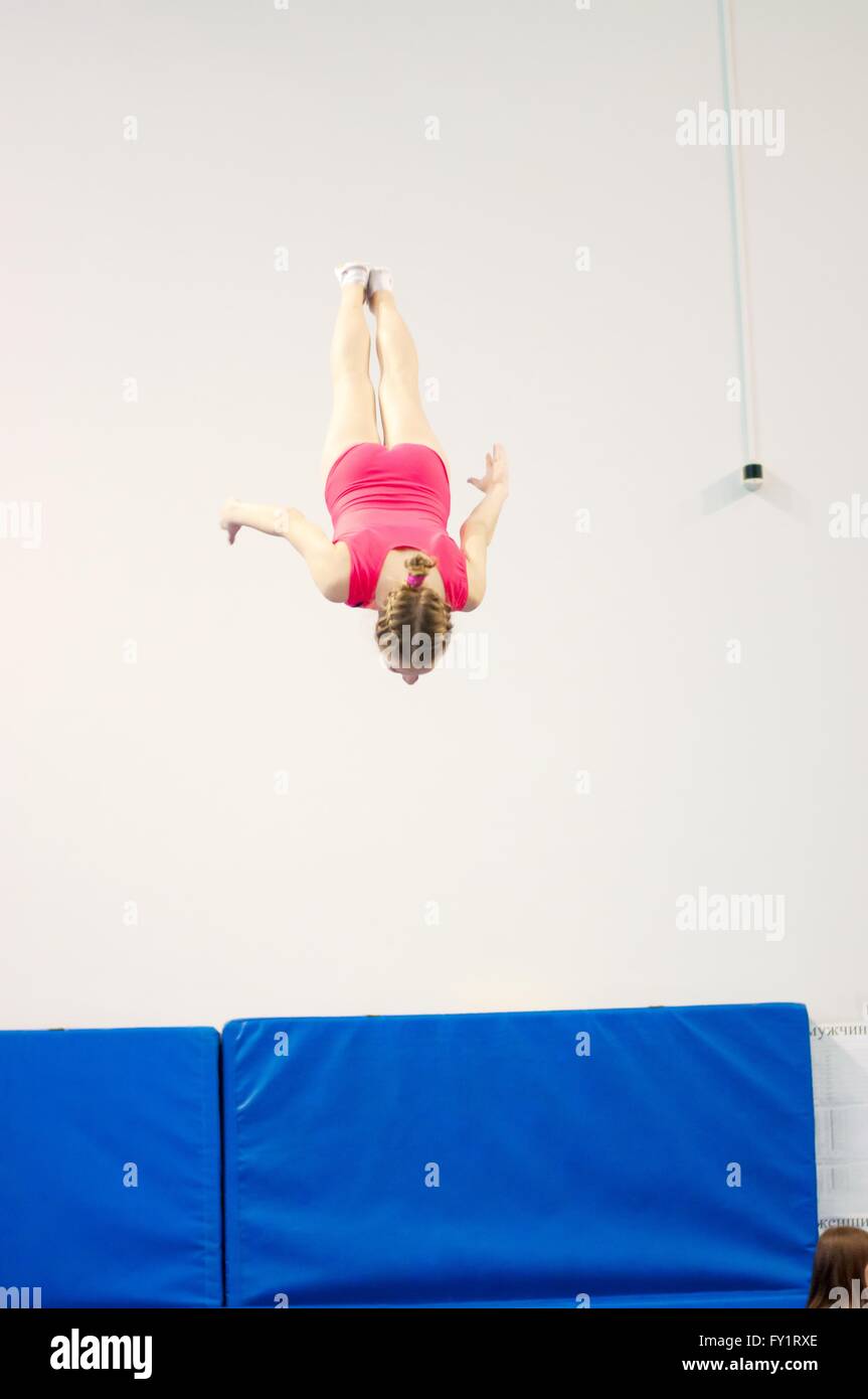 Orenburg, Russia - 19 April 2016: Girls compete in jumping on the ...
