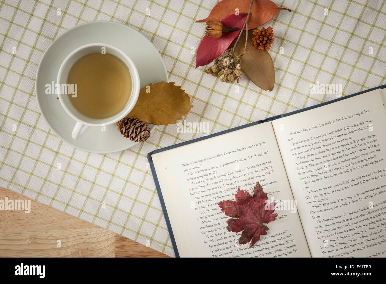 Background of autumn with a cup of tea, open book and fallen leaves on ...