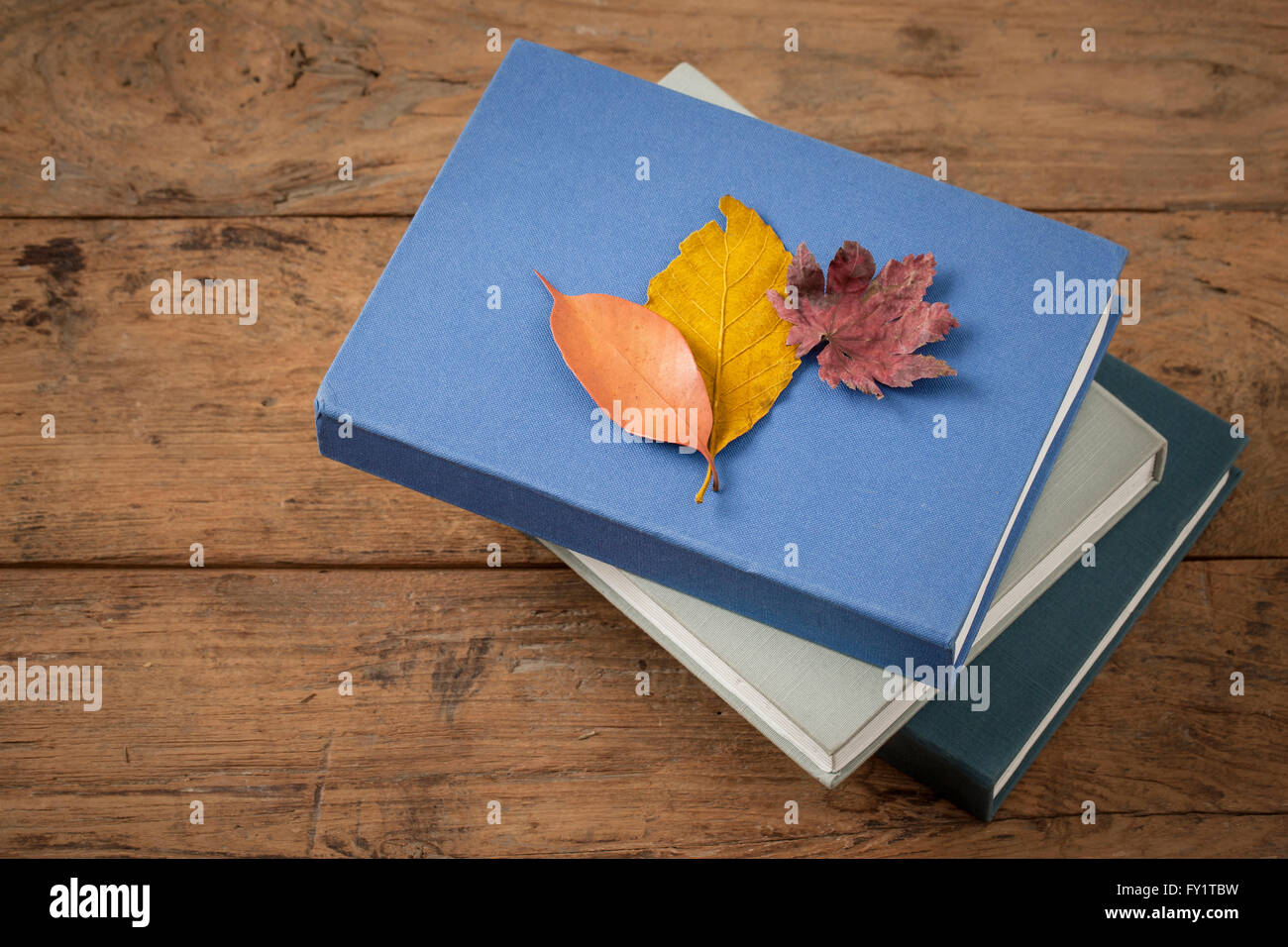Stacked books and fallen leaves against wood Stock Photo - Alamy