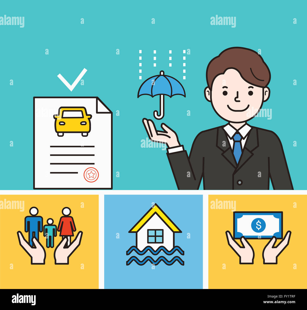 Various images in illustration representing insurance Stock Photo - Alamy