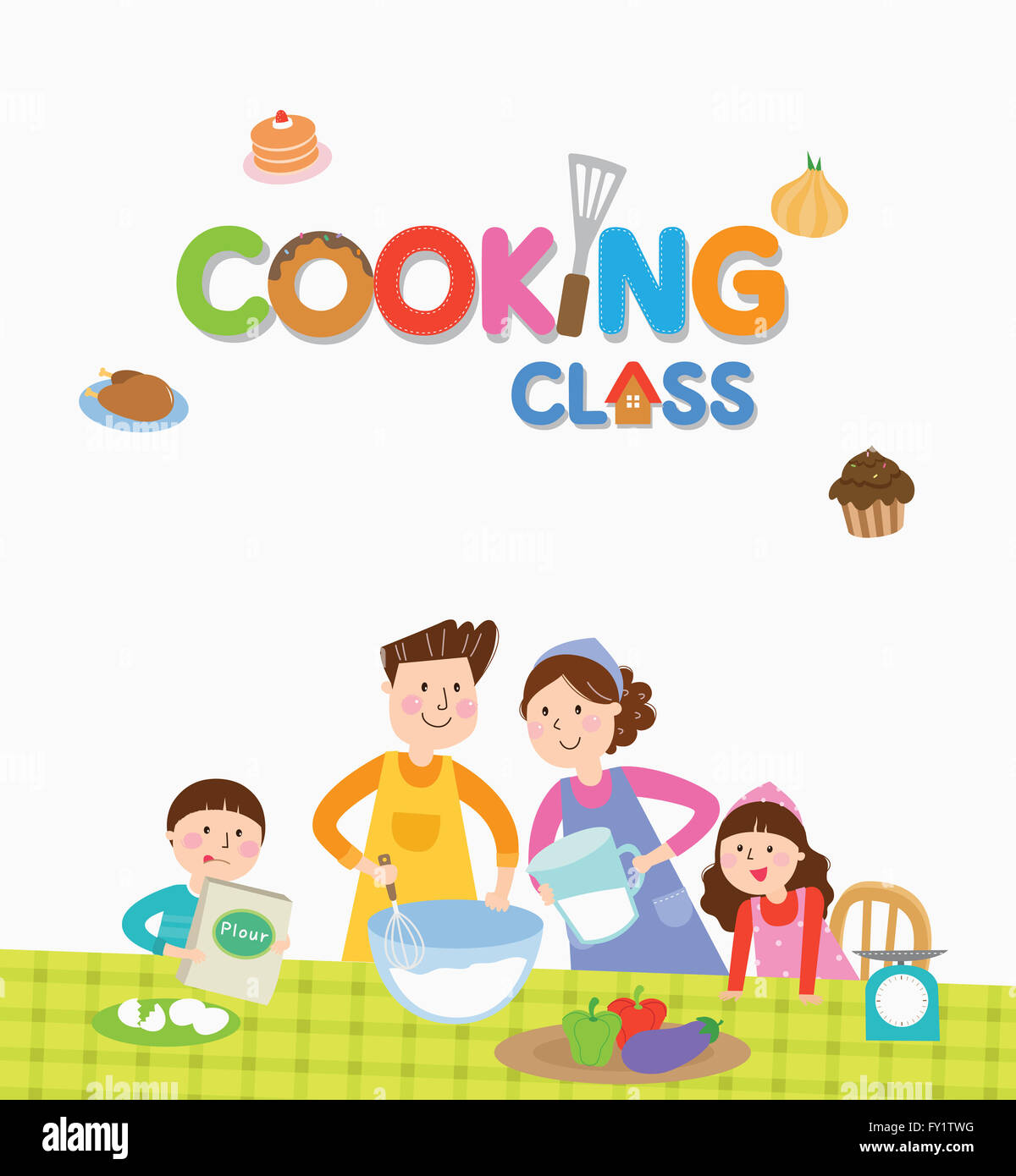 Family in illustration with message of cooking class with a copy space ...