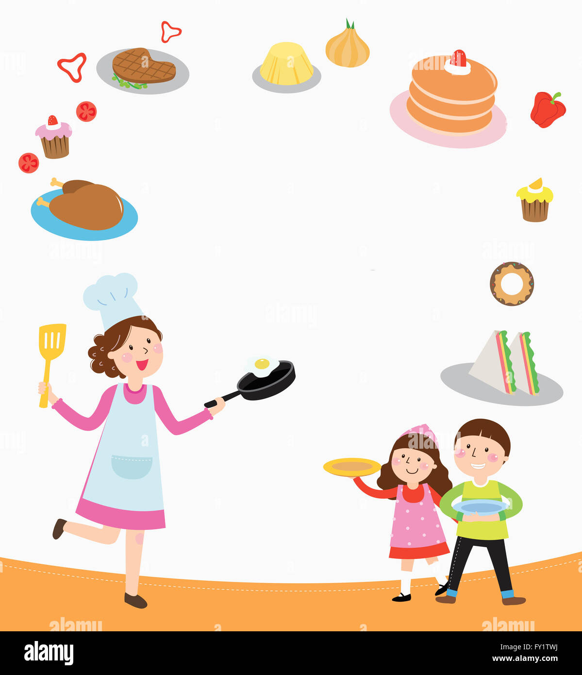 Family in illustration with copy space representing cooking class Stock ...
