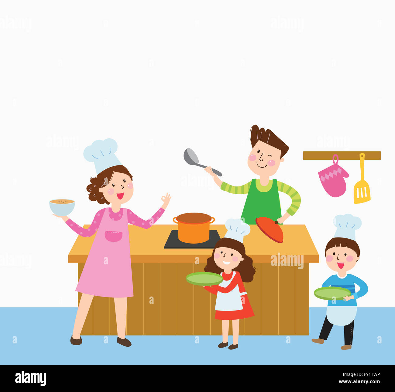 Family in illustration with copy space representing cooking class Stock ...