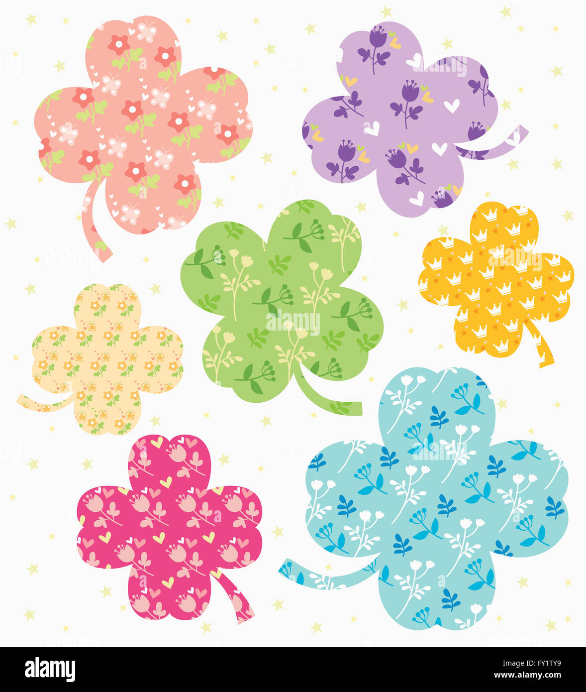 Various clover shapes with patterns in illustration Stock Photo - Alamy