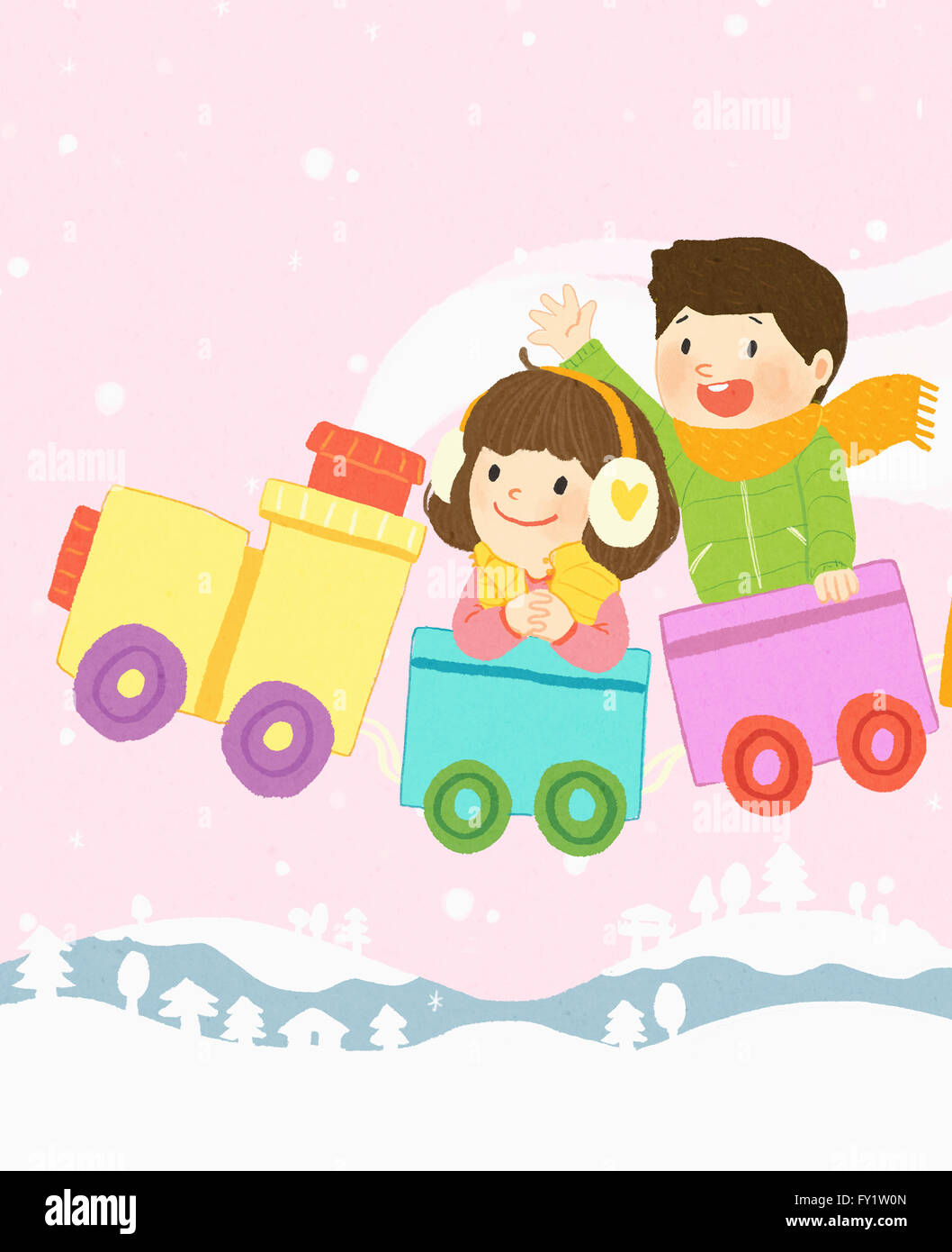 Children on a train in illustration Stock Photo - Alamy