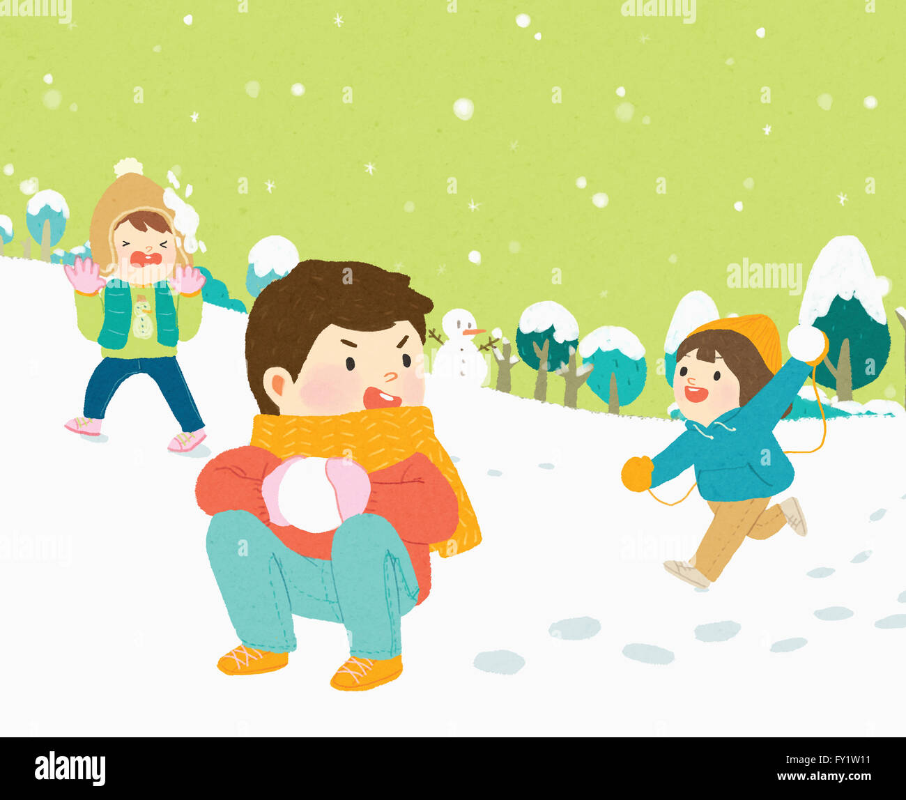 Children playing snow fighting in illustration Stock Photo - Alamy