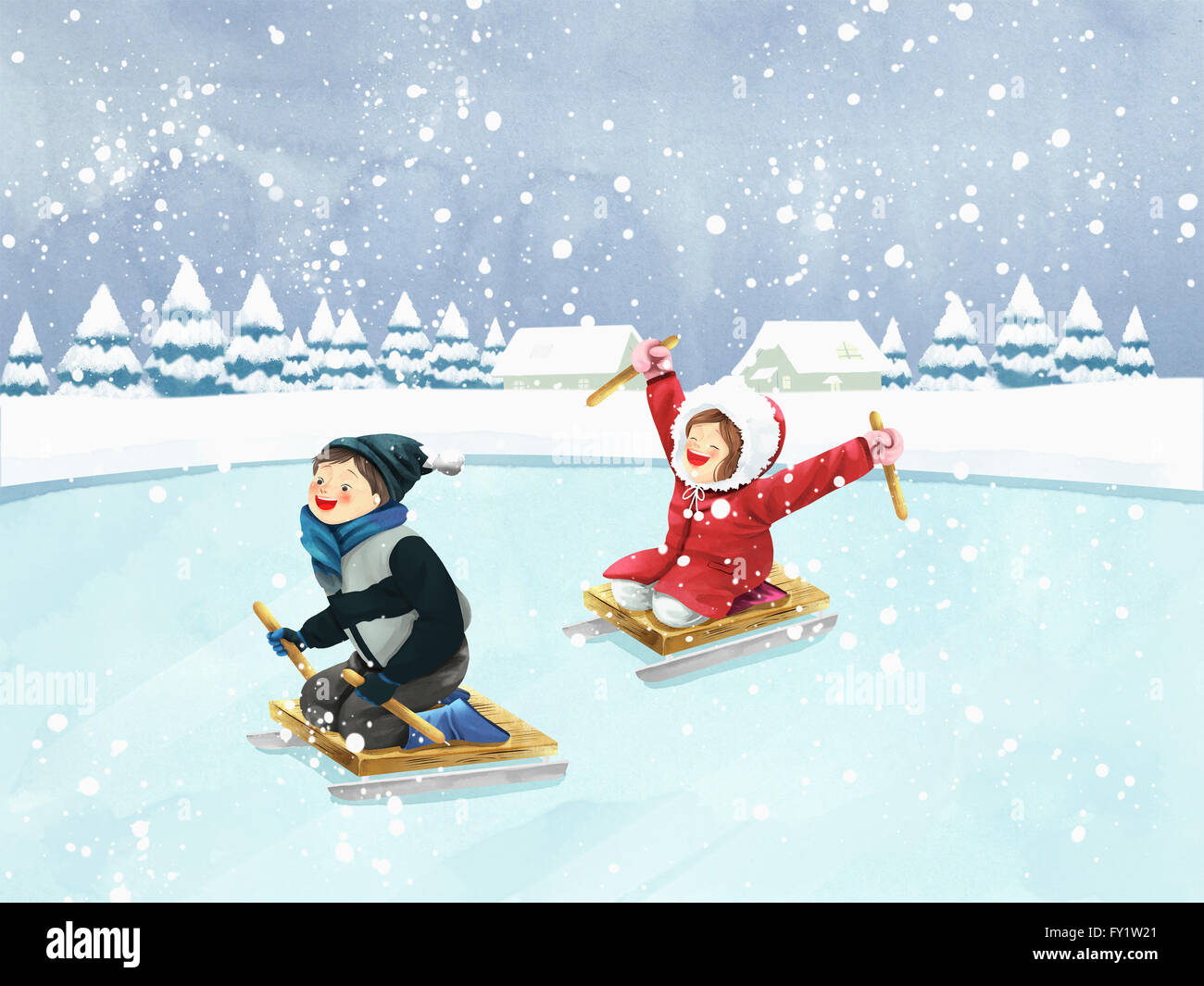 Ice sledding in illustration Stock Photo - Alamy