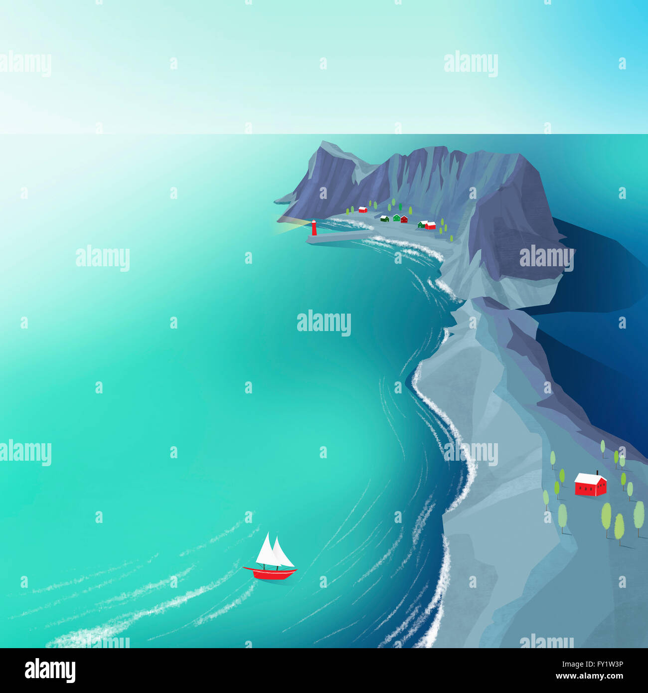 Landscape of sea and an island with village in illustration Stock Photo ...