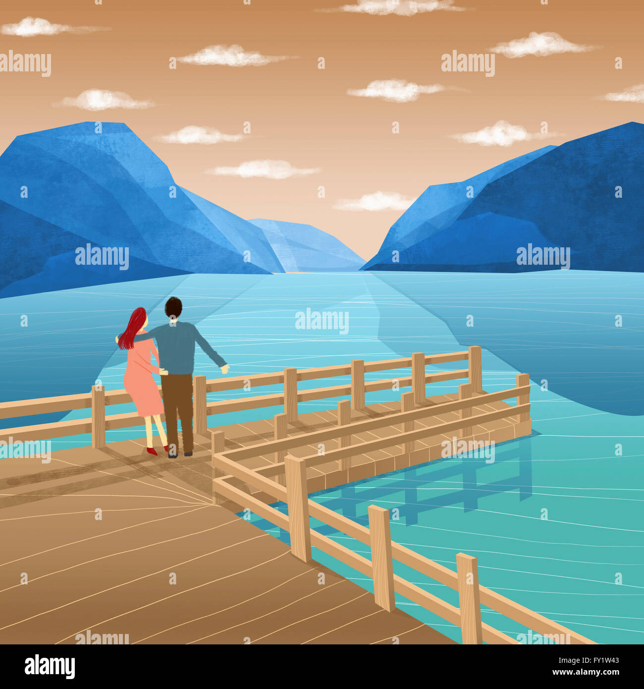 Landscape of lake and couple visiting there in illustration Stock Photo ...