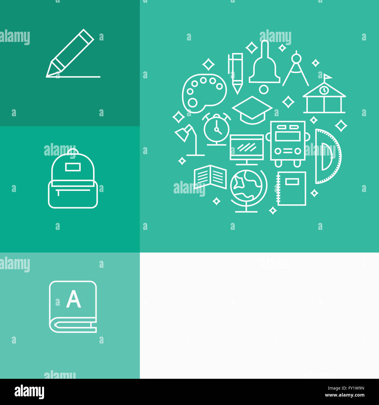 Various icons related to education on green background in illustration ...