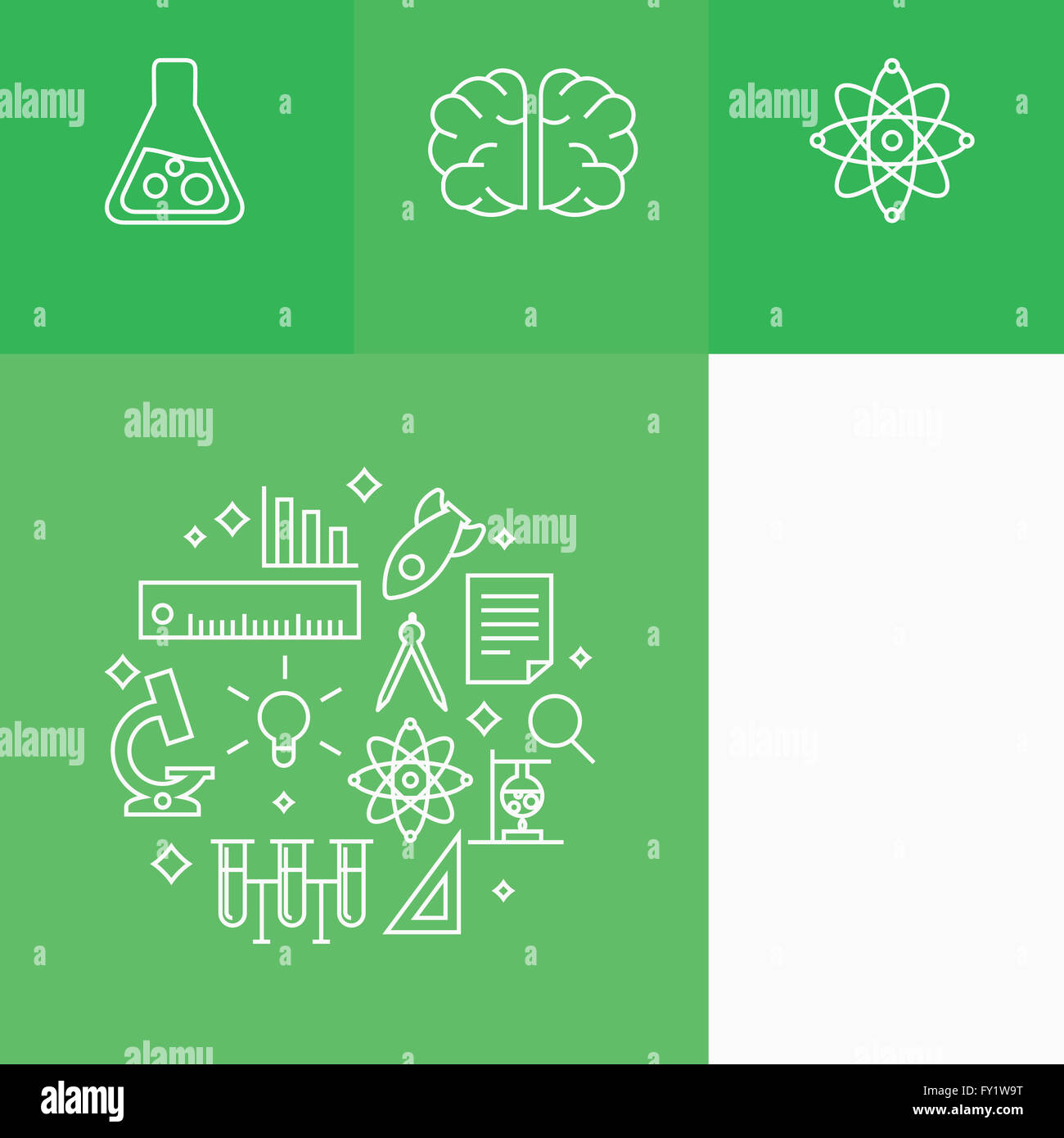 Various icons related to science and math on green background in ...