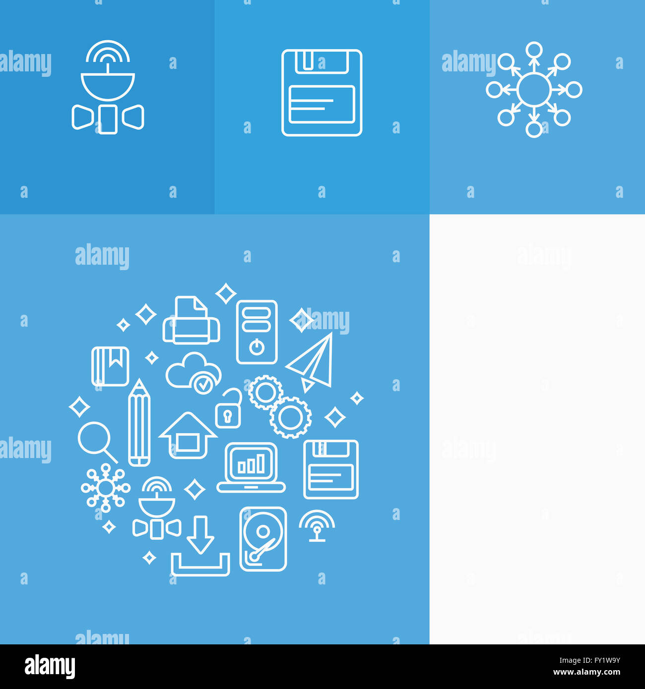 Various icons related to computer on blue background in illustration ...