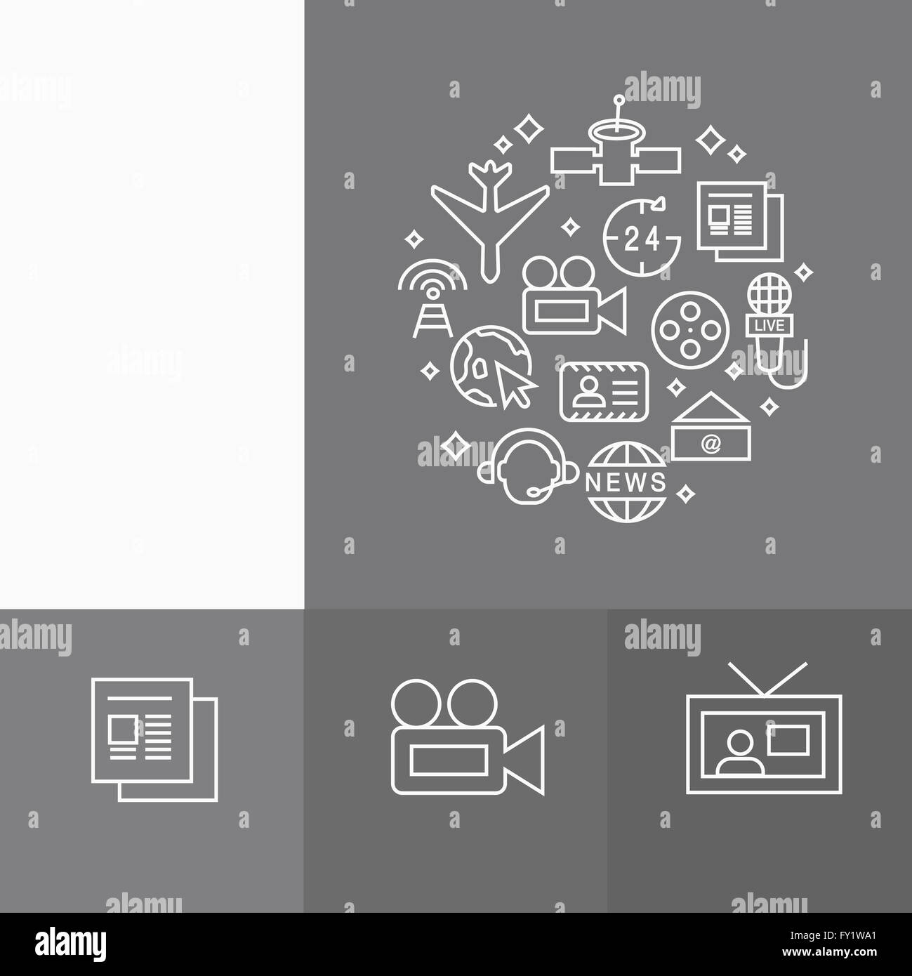 Various icons related to broadcasting on grey background in ...