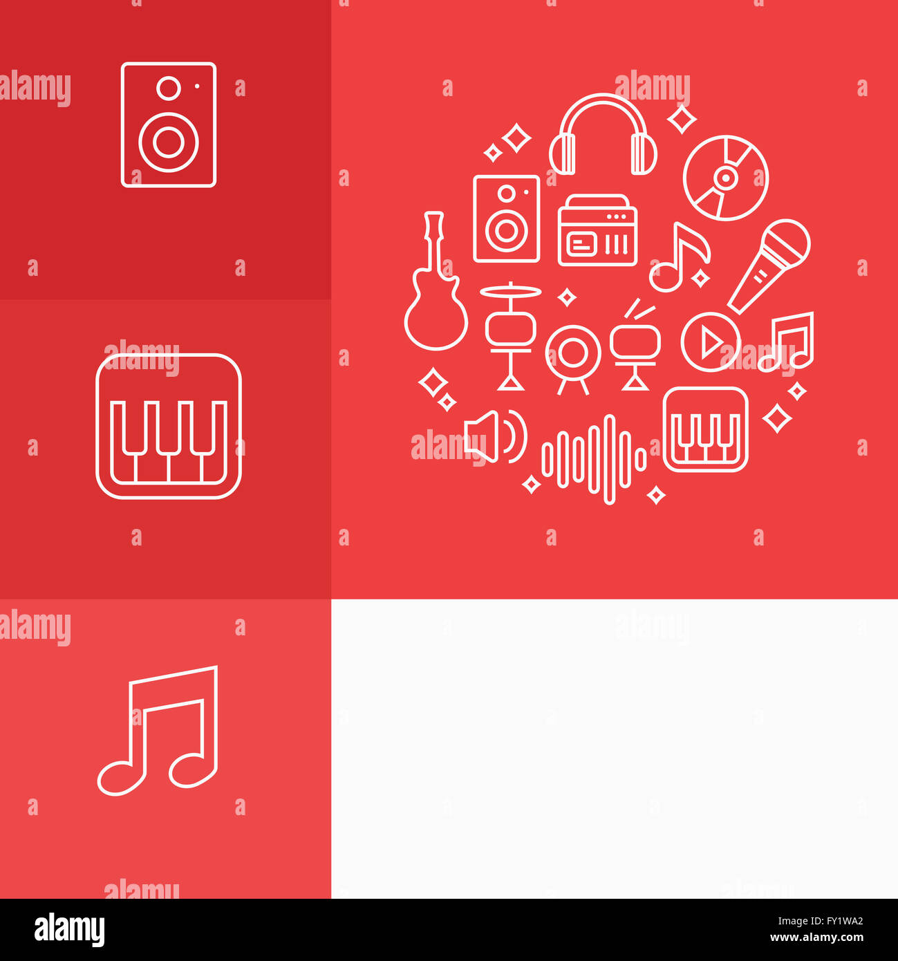 Various icons related to music on red background in illustration Stock ...