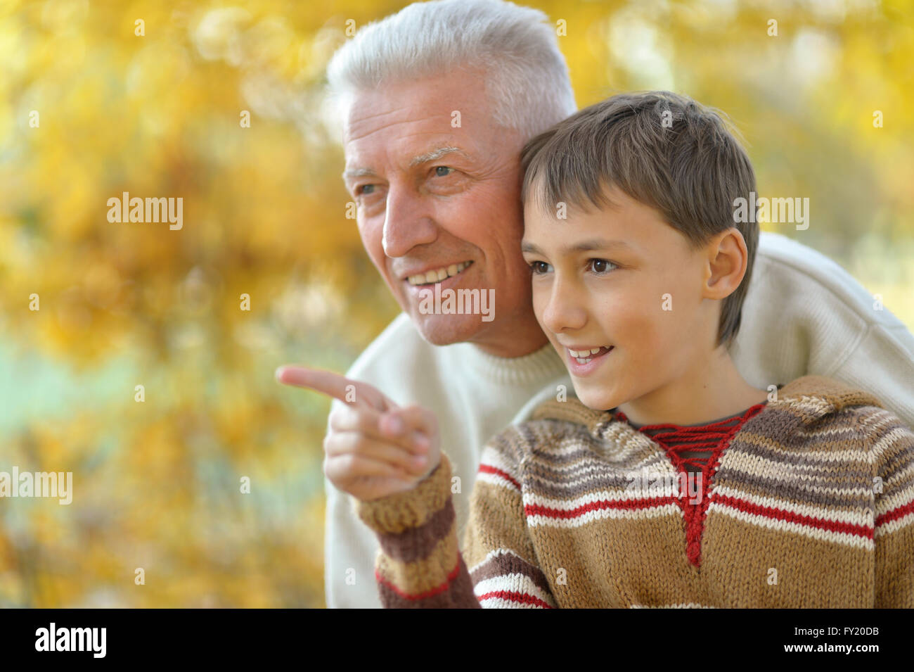 Grandfather and grandson in park Stock Photo - Alamy