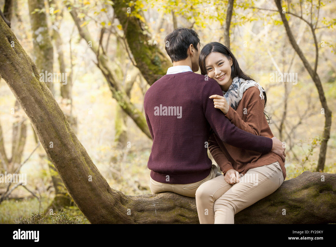 Couple taking a rest on a branch and hugging each other at the forest ...
