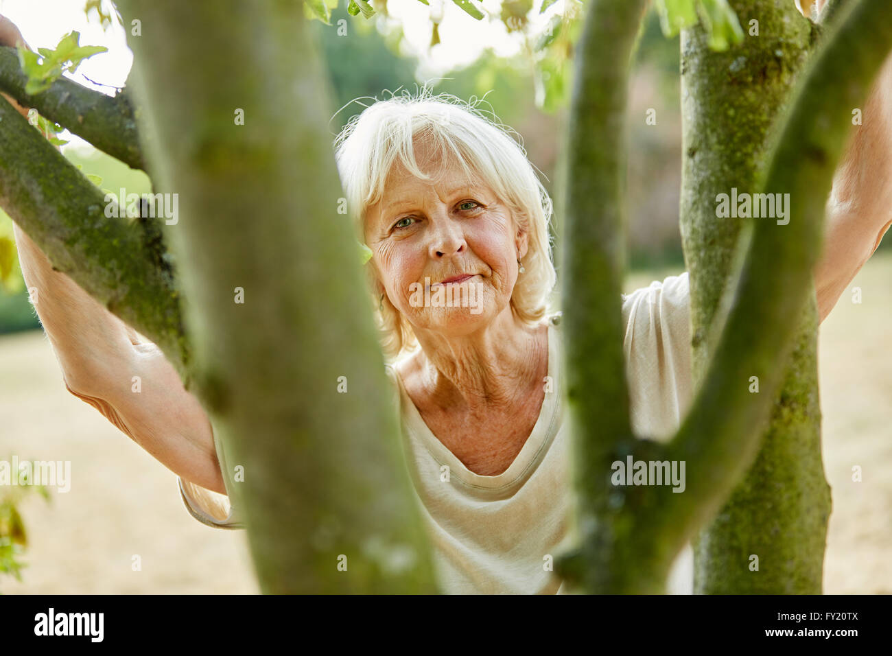 Old woman in the nature in the forest in summer on a trip Stock Photo ...