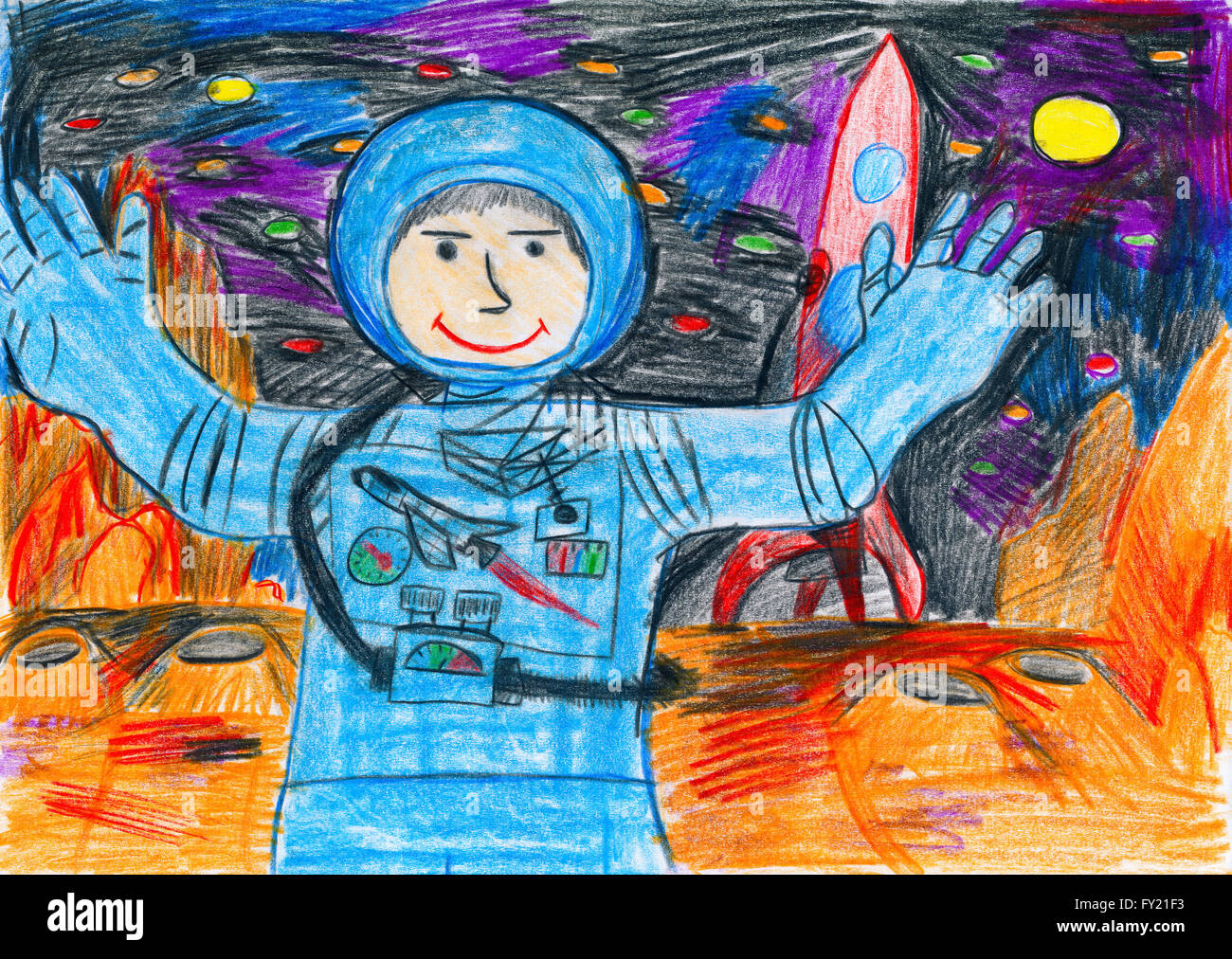 Astronaut exploring the red planet, space concept, child drawing on ...