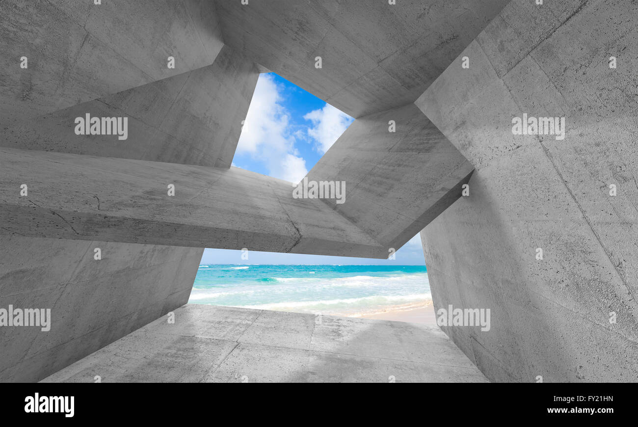 Empty concrete interior with chaotic structures and sunny beach outside ...